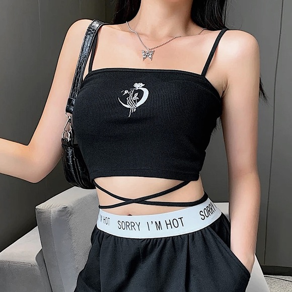 Tops | Black Rose Crescent Moon Wrap Crop Top | Poshmark